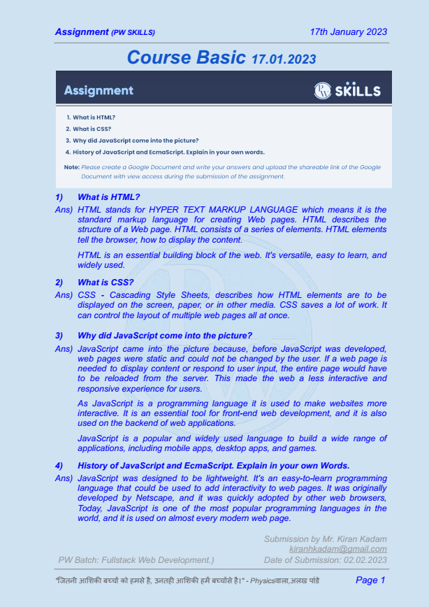 Theory Assignments kiranhkadam@gmail.com Theory Assignments kiranhkadam@gmail.com